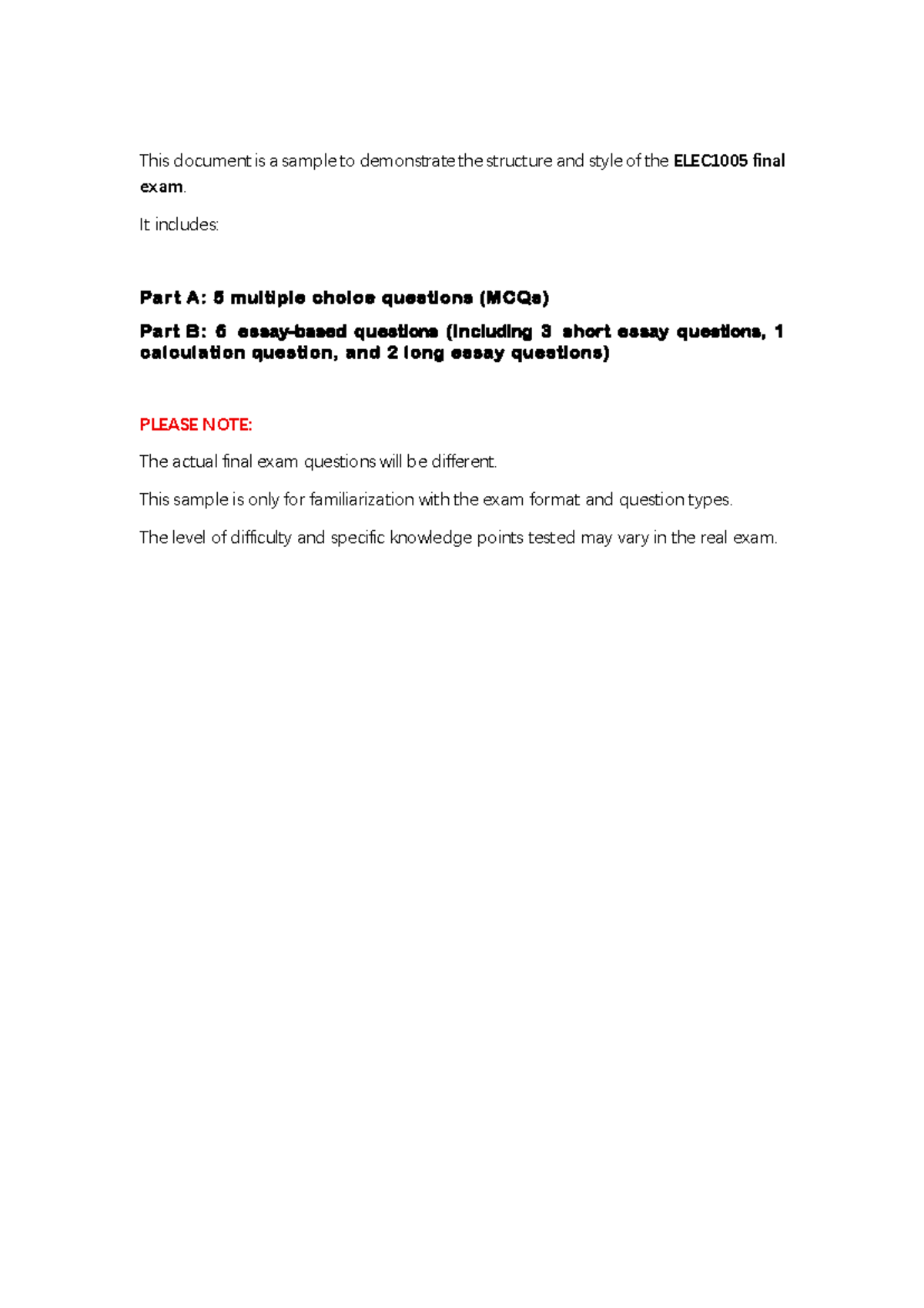 ELEC1005 Final Exam Format Sample: Structure & Question Types - Studocu