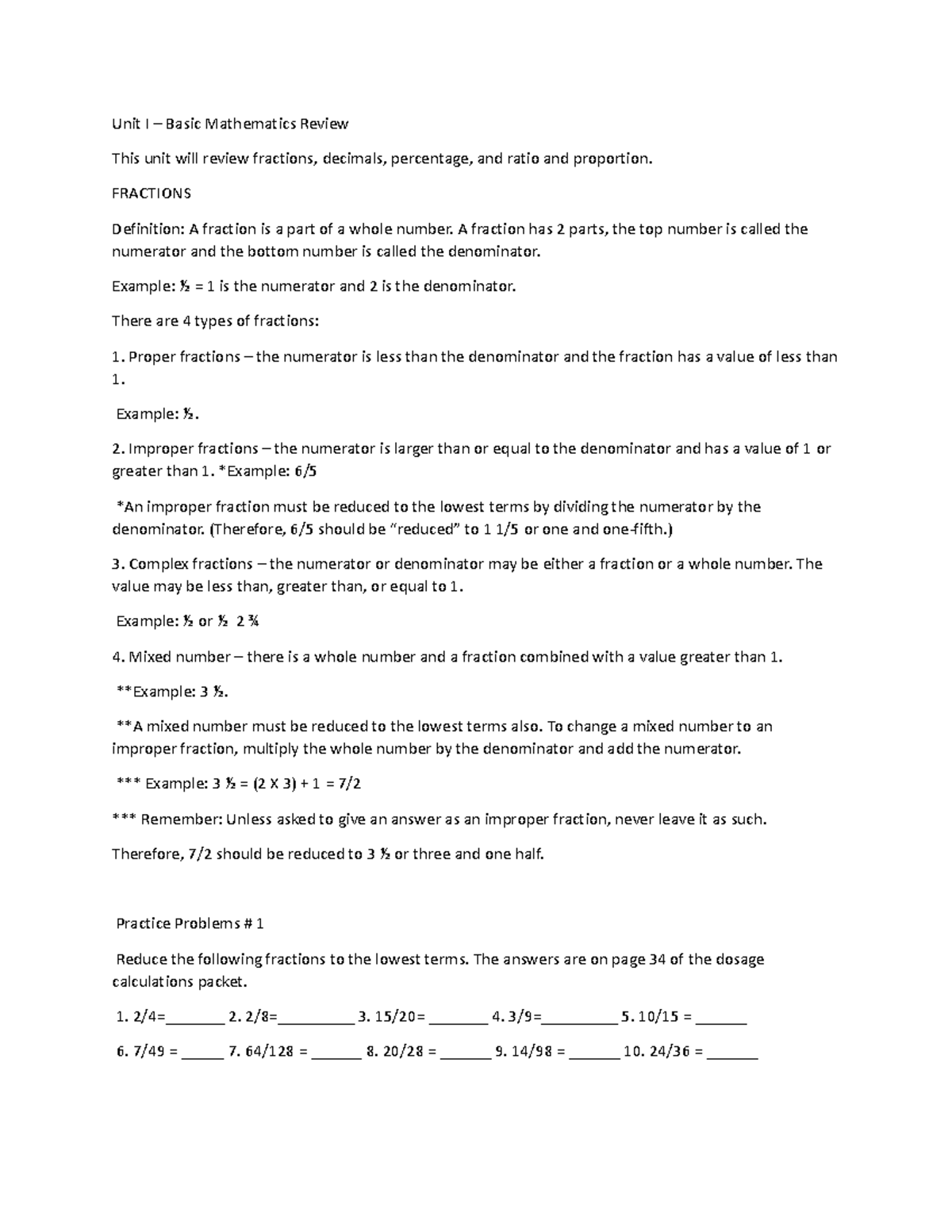 Math Skills Review for Calculations - Unit I Basics - Studocu