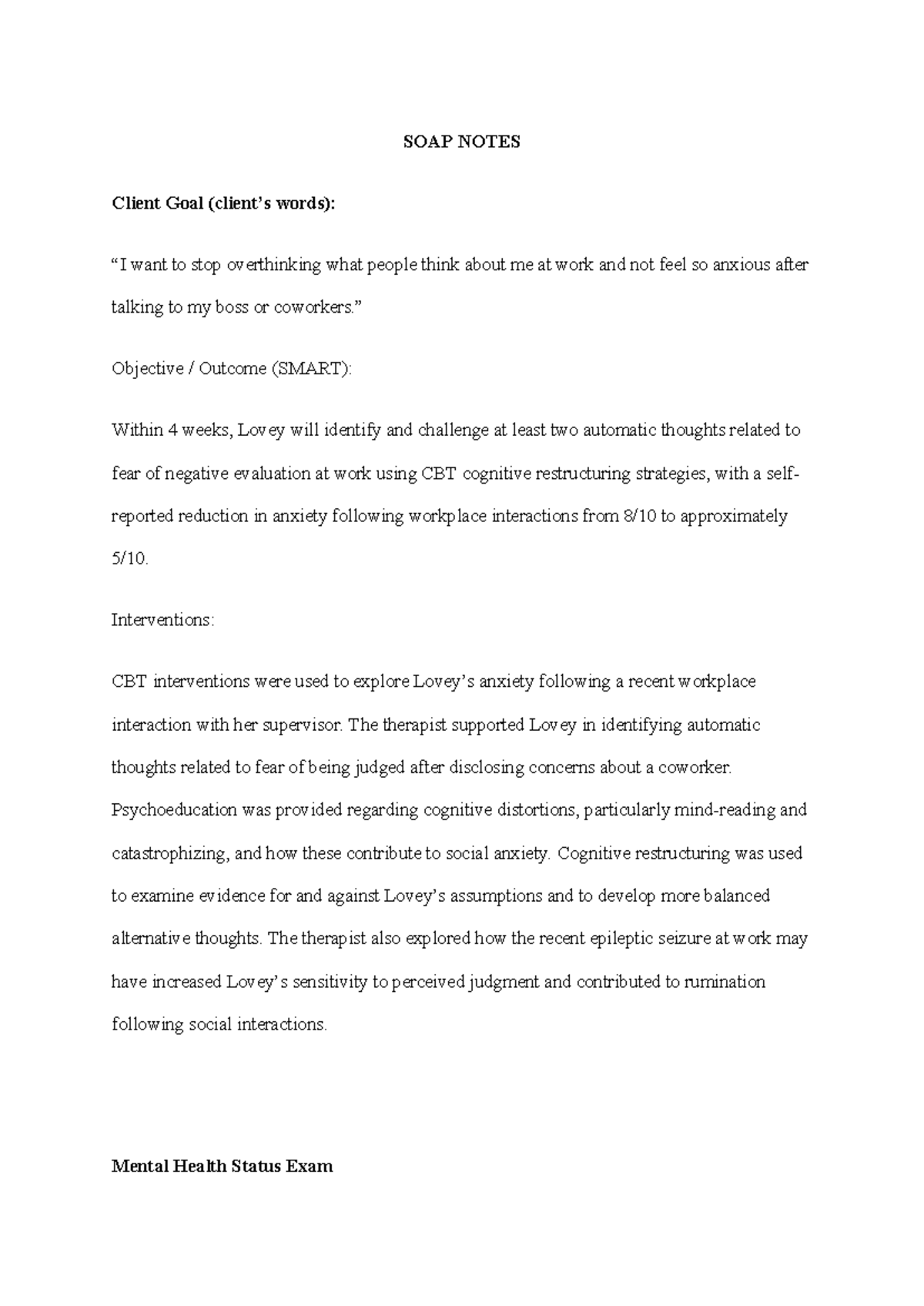 SOAP Notes: CBT Intervention for Social Anxiety in Workplace ...