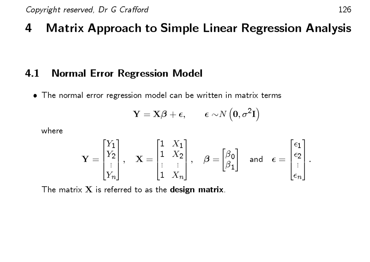 Matrix Approach to Simple Linear Regression Analysis - Dr G 126 Chapter 4 - Studocu