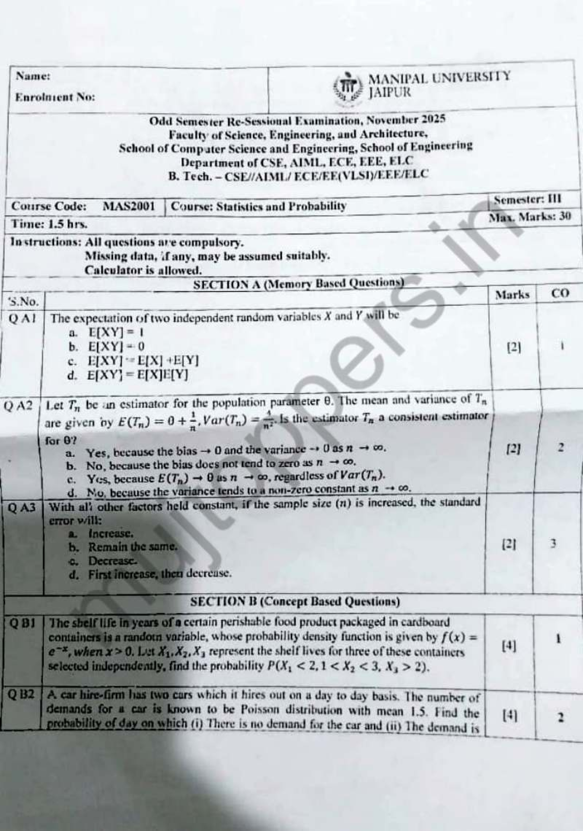 6 NOV'25 MTE RE-Sessional QP for MAS2001: Statistics & Probability ...