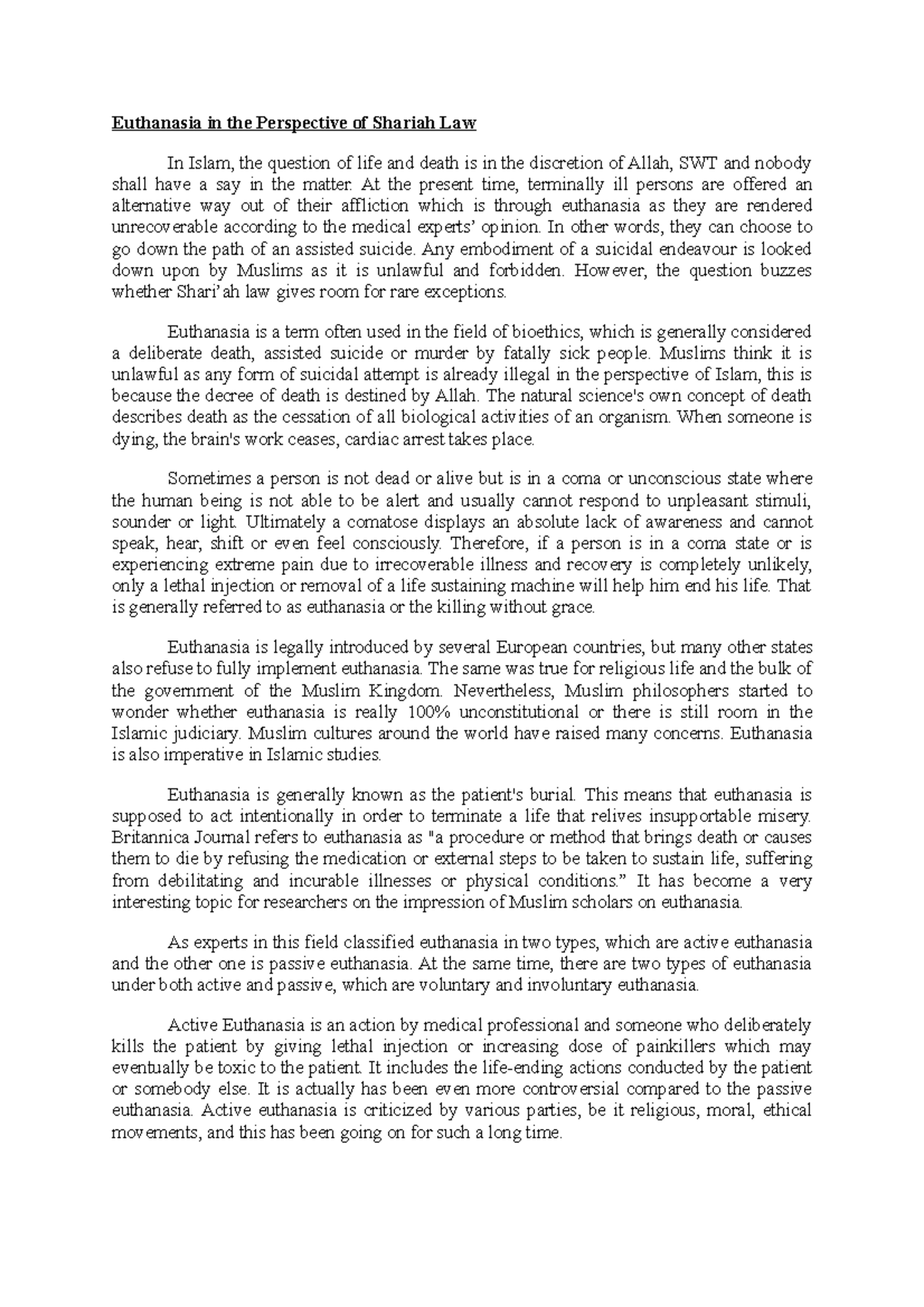 Euthanasia in the Perspective of Islamic Law - Euthanasia in the ...