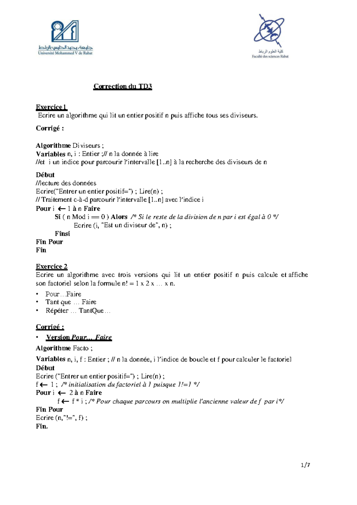 Correction TD3 - Correction des exercices de programmation et ...