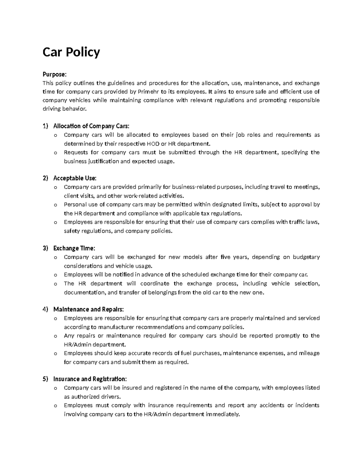 Car Policy Guidelines for Company Vehicles - QGWRED - Studocu