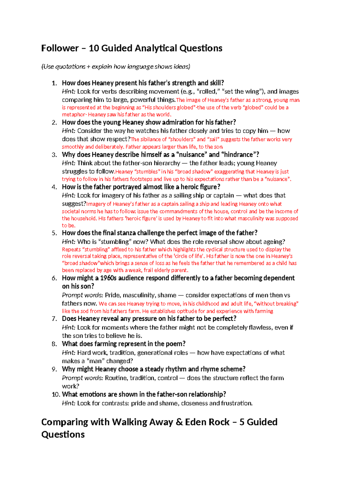 Follower 10 Guided Analytical Questions on Heaney's Poem - Studocu