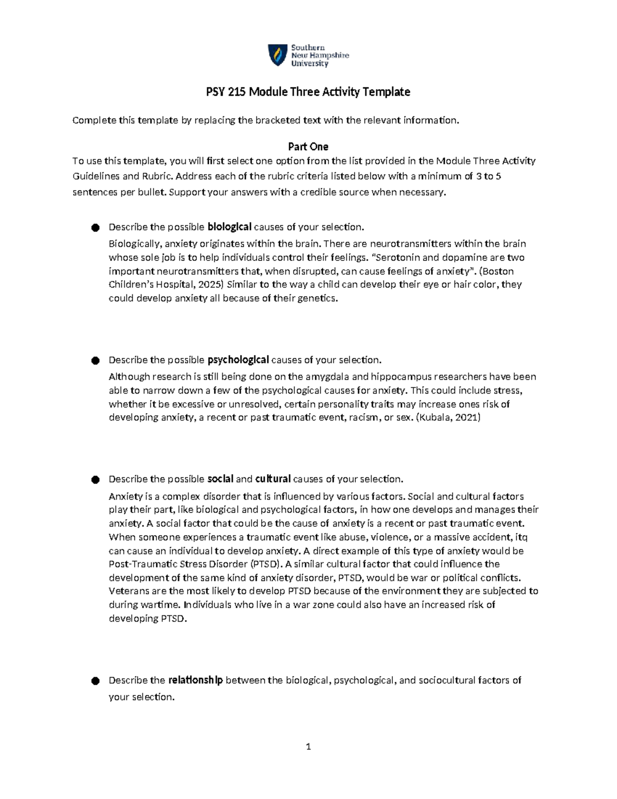 PSY 215 Module Three Activity: Exploring Anxiety Causes - Studocu