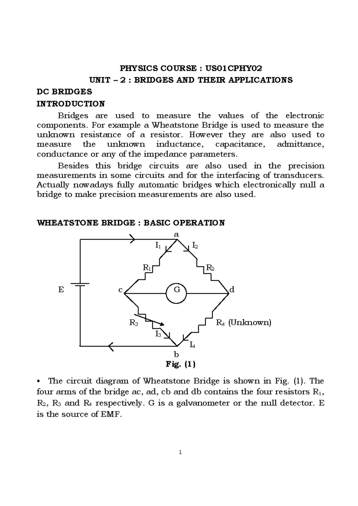 Ac and DC Bridges Course Notes: Key Concepts and Definitions - Studocu