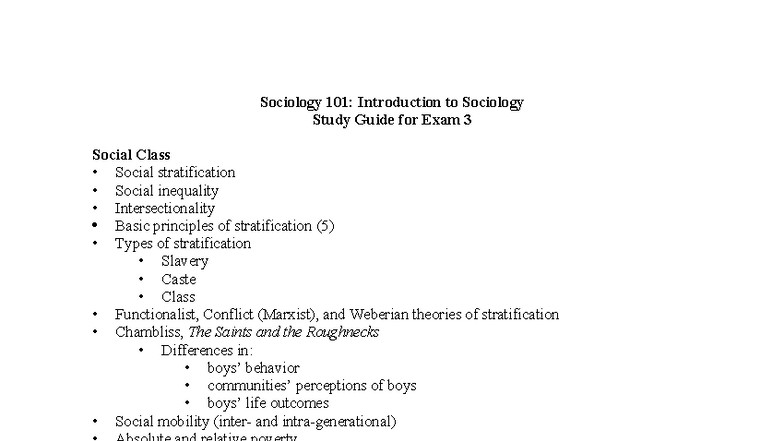 Sociology 101: Study Guide for Exam 3 on Social Class & Inequality ...
