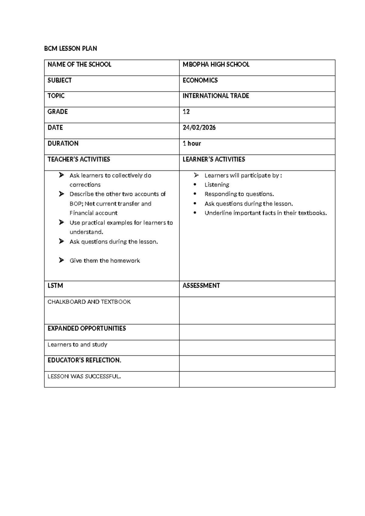 BCM GRADE 12 ECONOMICS LESSON PLAN: INTERNATIONAL TRADE & PUBLIC SECTOR ...