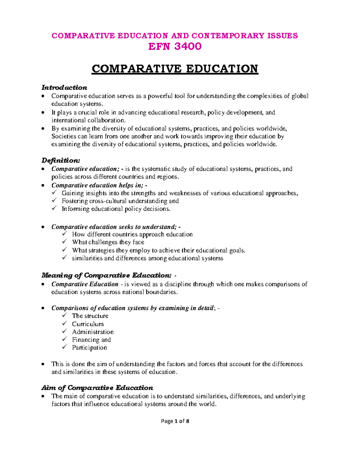 EFN 3400 - Intro to Comparative Education & Current Global Challenges - Studocu
