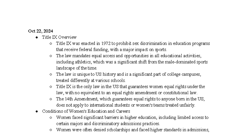 HIST 100 Lecture Notes - 2 - Oct 22, 2024 Title IX Overview Title IX ...