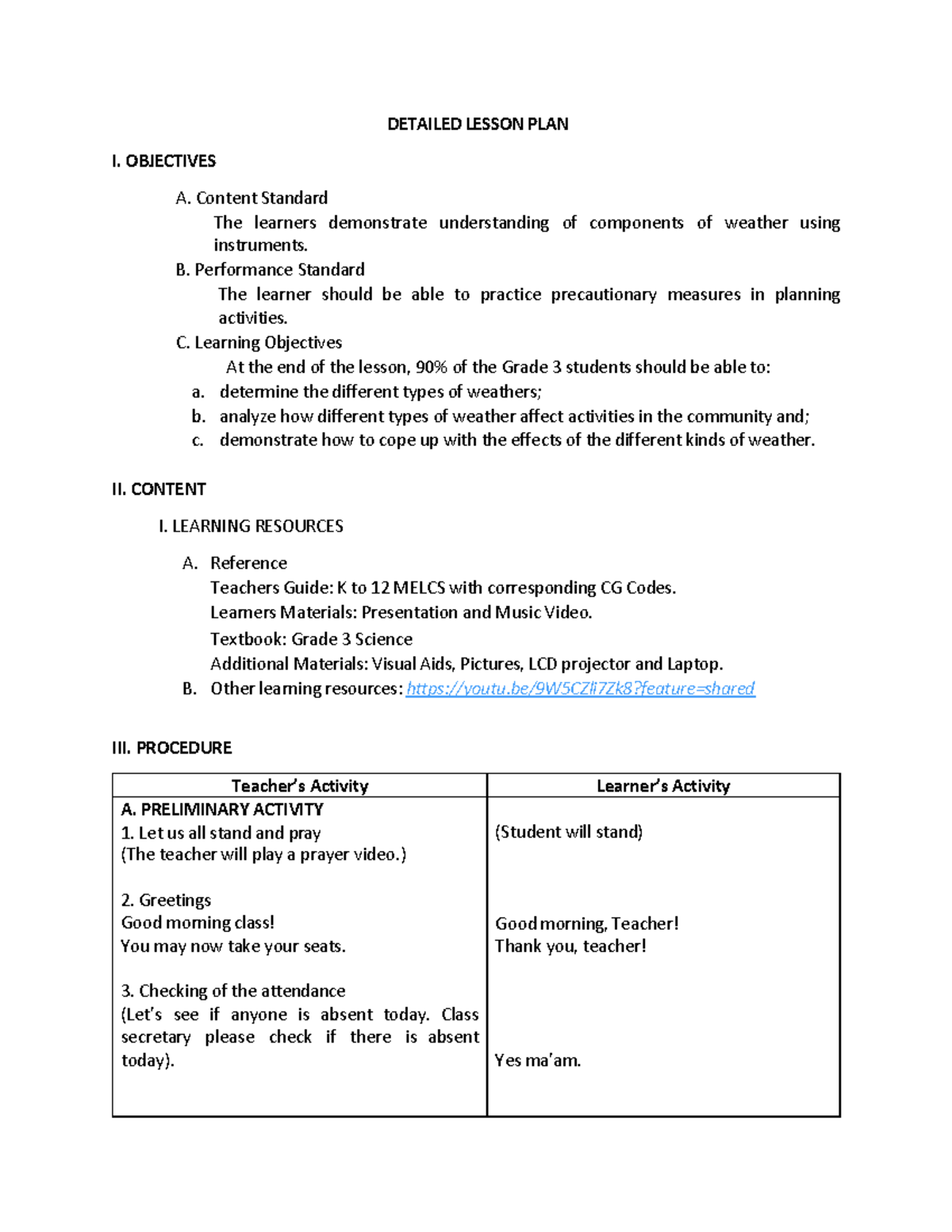 DLP IN Science 3 - Weather Identification Lesson Plan - Studocu
