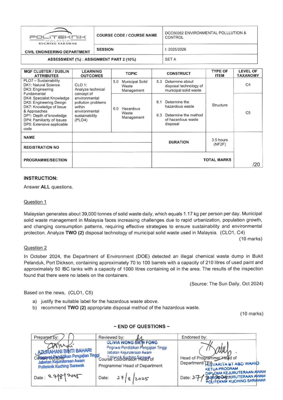 DCC50262 Environmental Control Assignment Part 2: Waste Management Analysis - Studocu