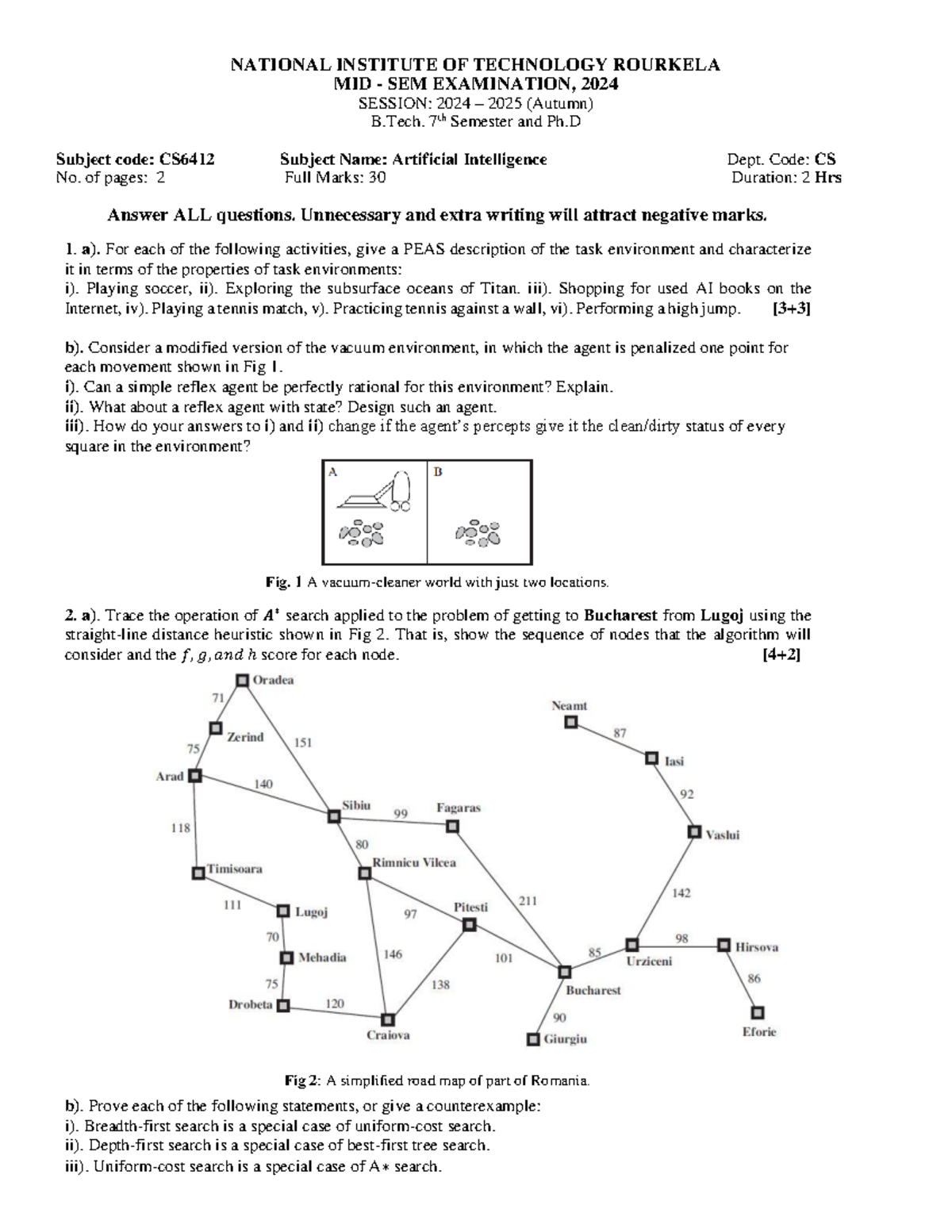Mid-Sem Exam CS 6412: Artificial Intelligence, NIT 2024 | Question ...