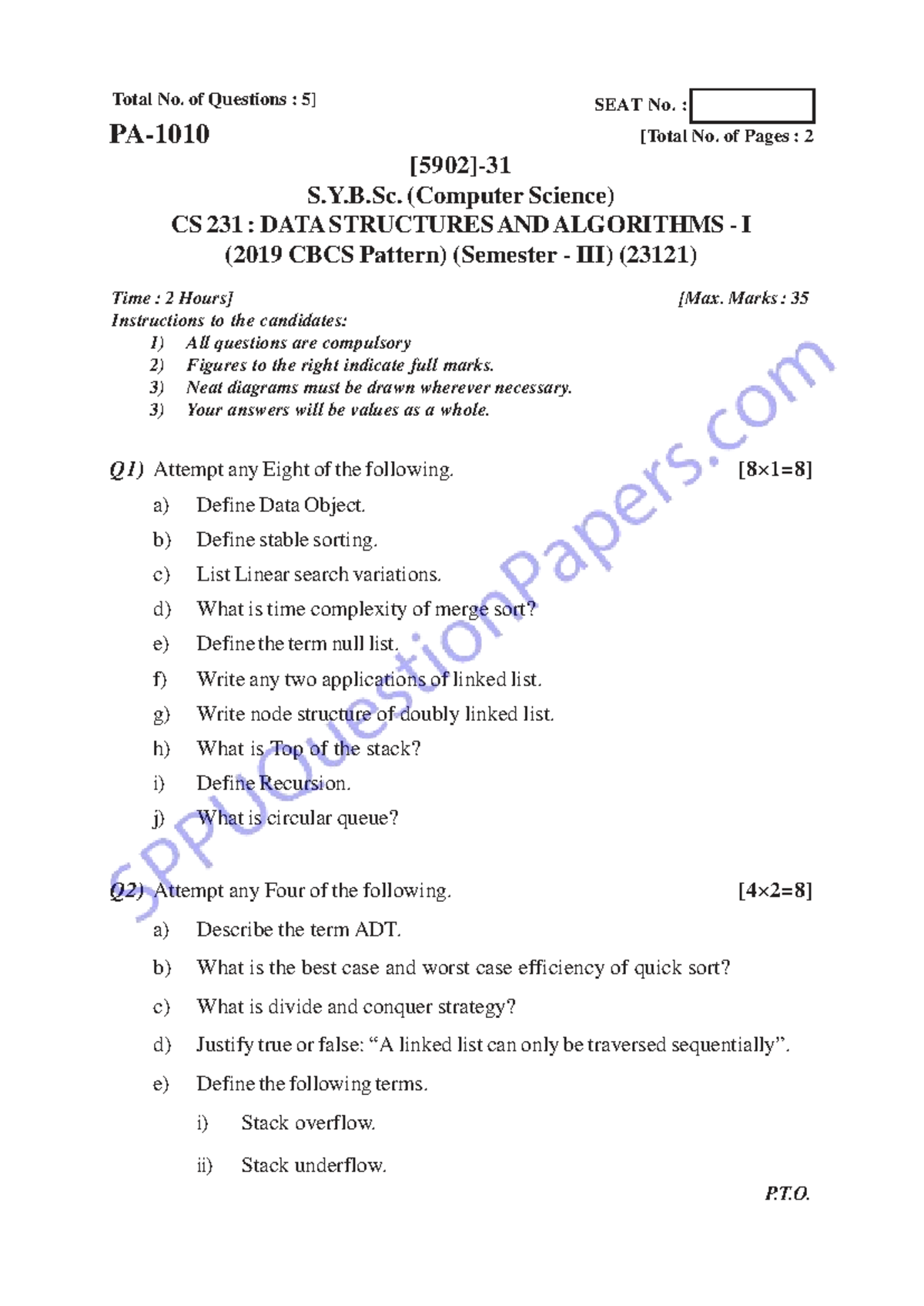 S.Y.B.Sc. CS 231: Data Structures & Algorithms I - Nov 2022 Exam - Studocu