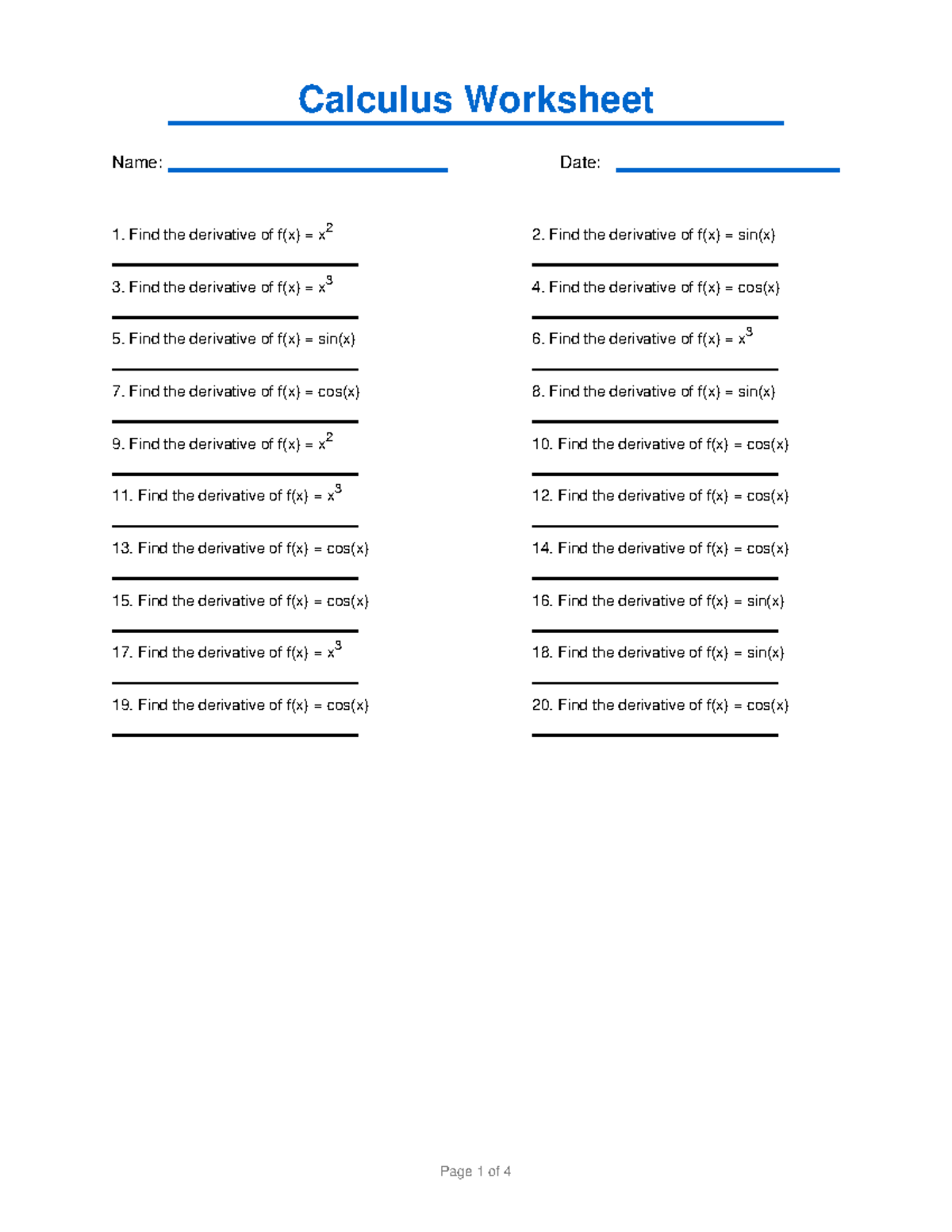 Calculus Worksheet 9: Derivatives of Functions - Studocu