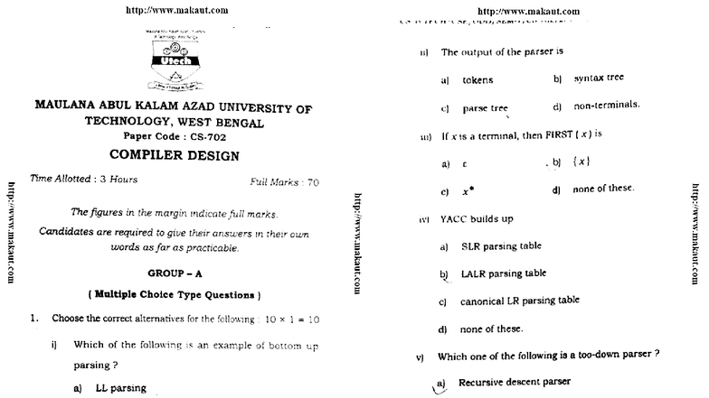 BTech CSE 7th Sem Compiler Design Exam Paper 2018 - Studocu