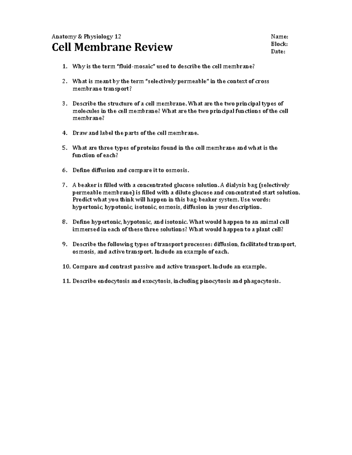 Anatomy Physiology 12: Cell Membrane Review Guide - Studocu