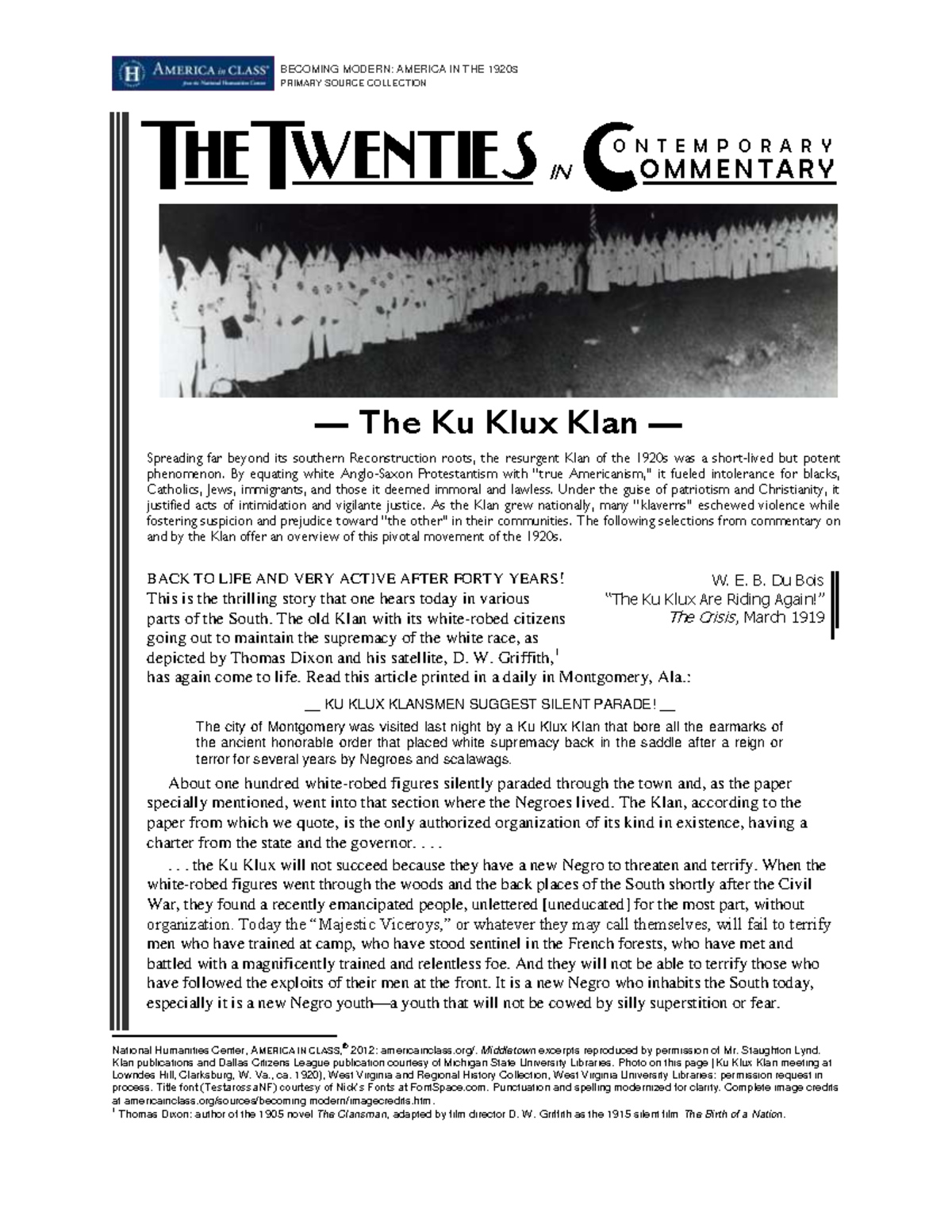 The Ku Klux Klan in the 1920s: A Primary Source Collection - Studocu