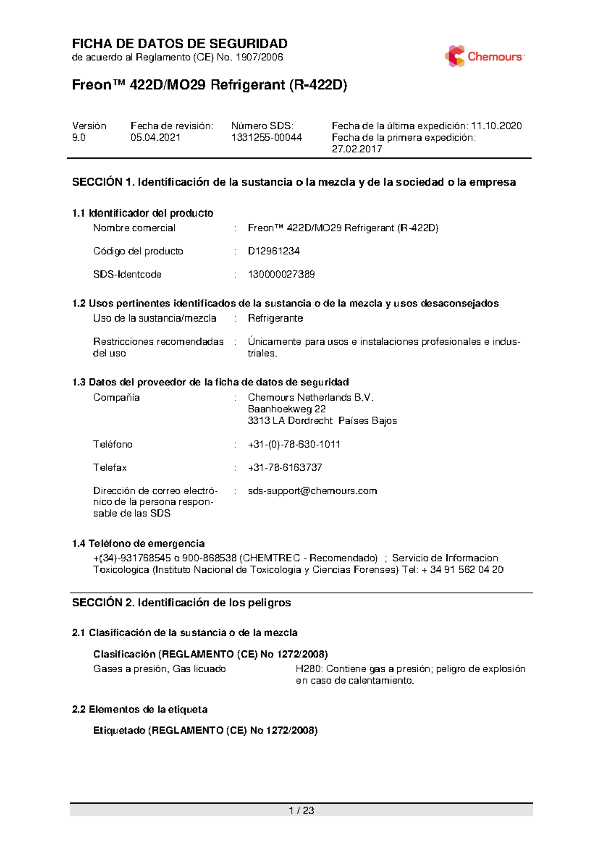 Hoja de Seguridad del Refrigerante Freon™ 422D/MO29 (R-422D) - Studocu