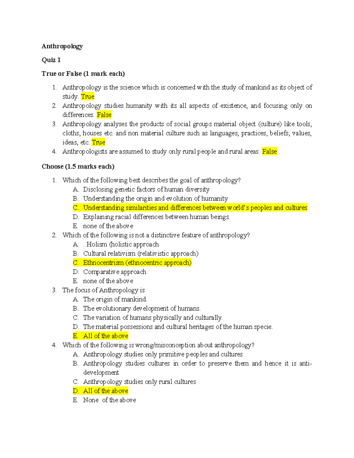 Anthropology Quiz 1 - Anthropology Quiz 1 True or False (1 mark each) 1 ...