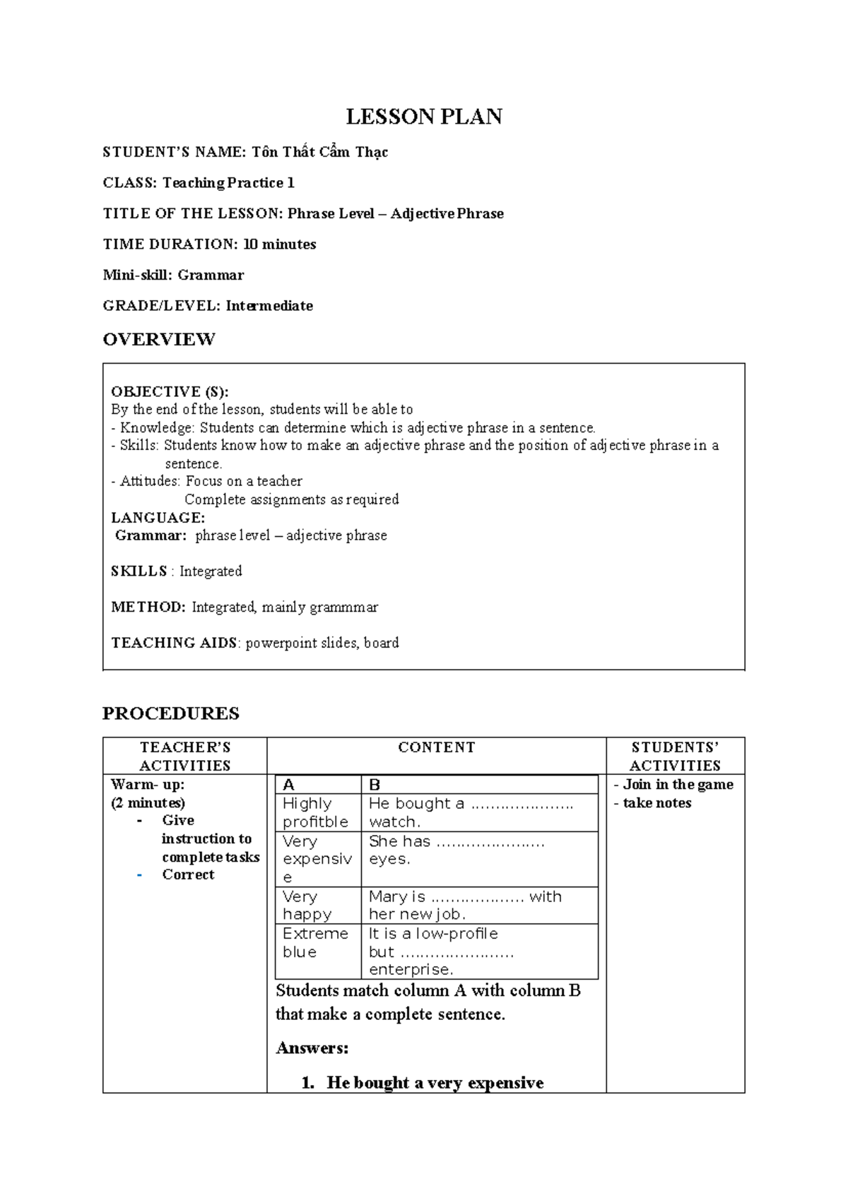 Ttgd 4 - Lesson plan about teaching grammar - LESSON PLAN STUDENT’S ...