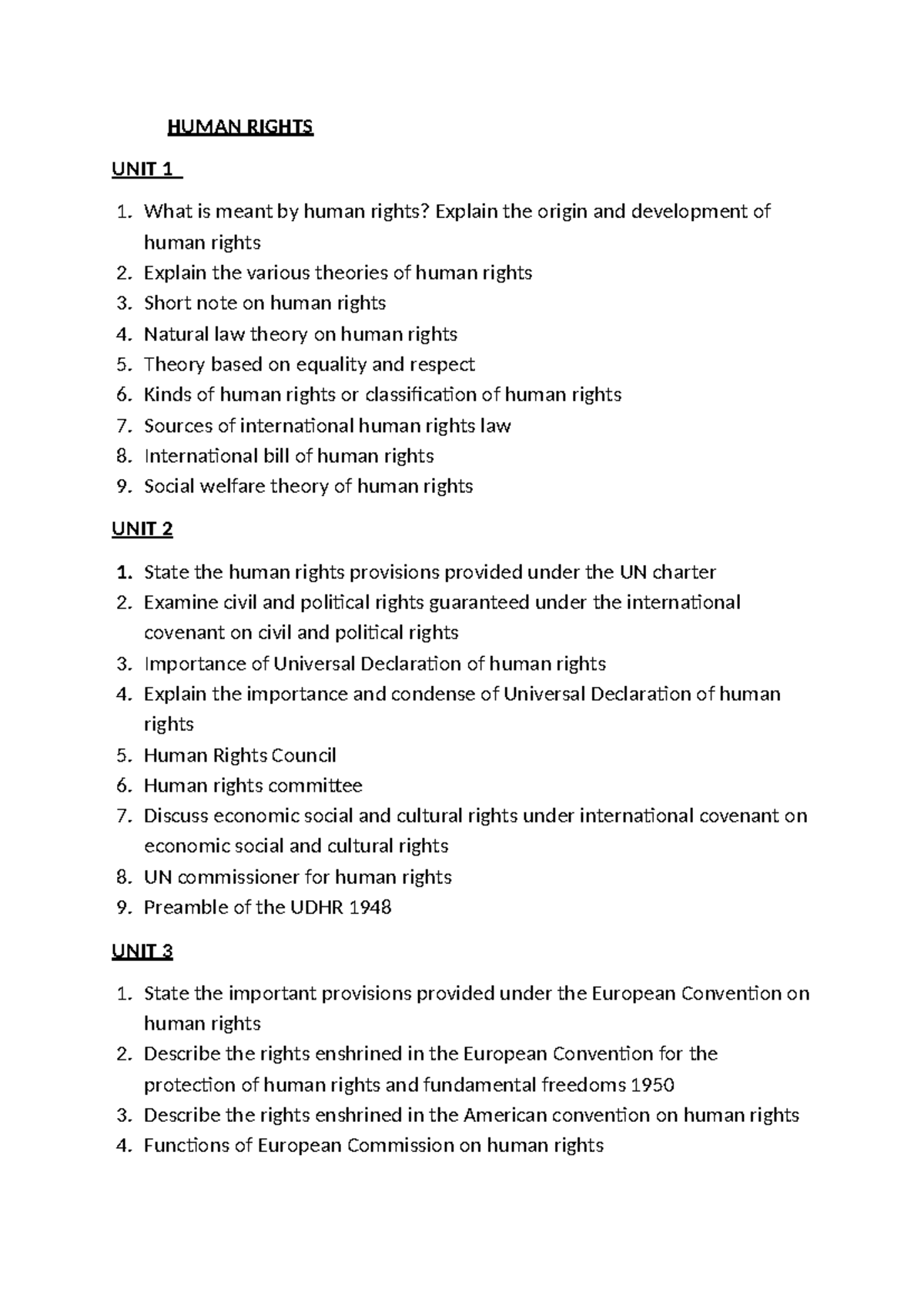 Human Rights Questions: Comprehensive Study Guide for Unit 1-5 - Studocu
