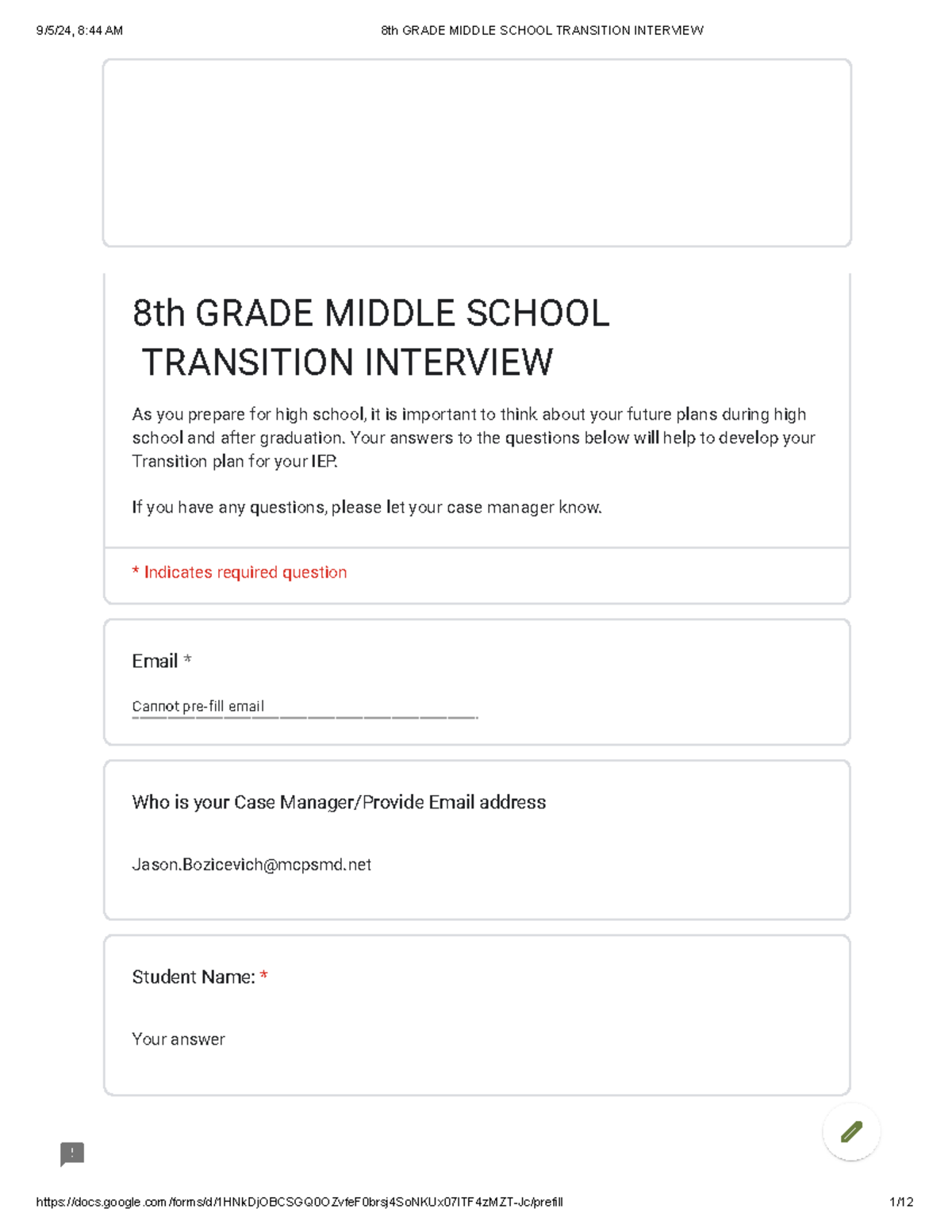 8th GRADE MIDDLE SCHOOL TRANSITION INTERVIEW: Preparing for High School ...
