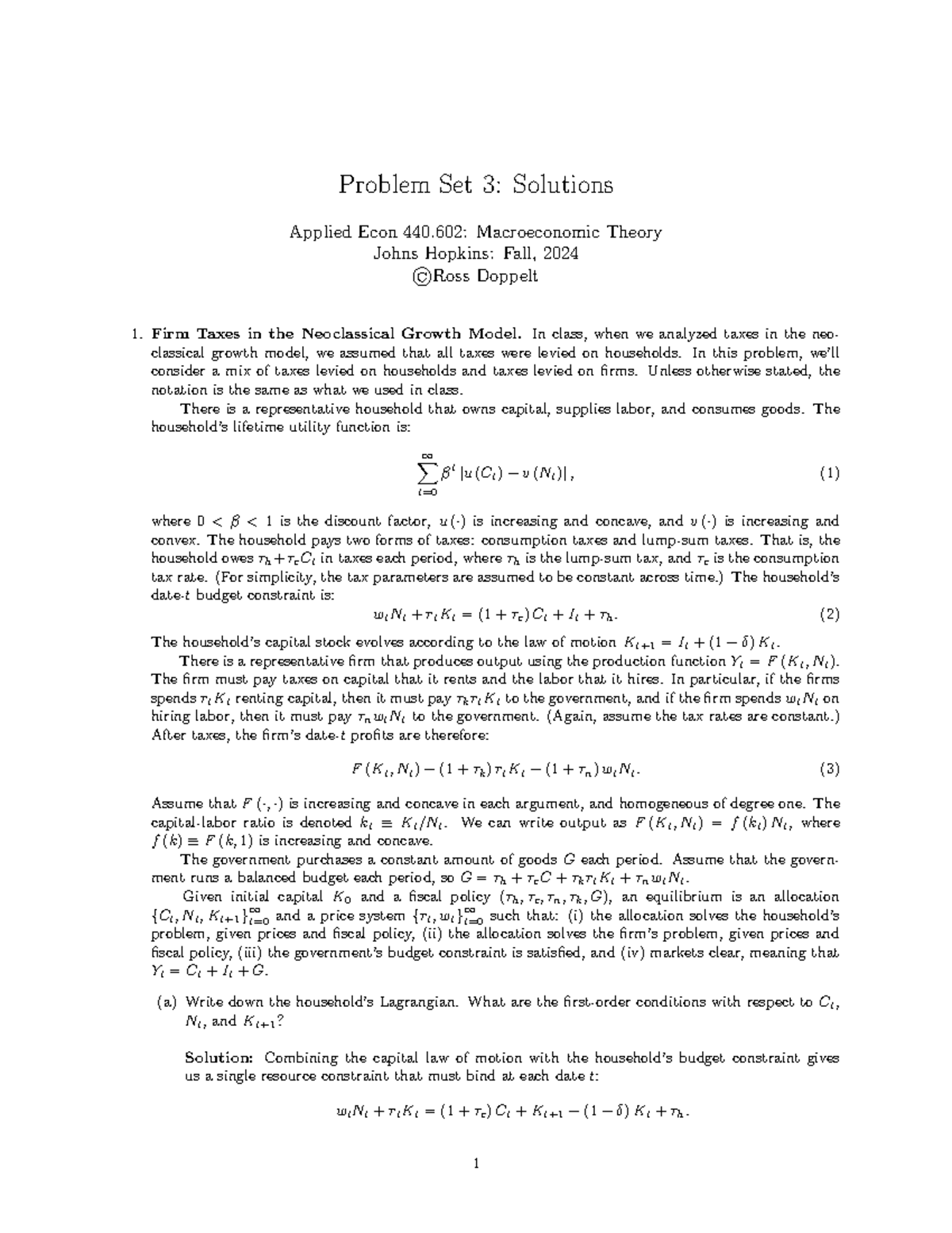 Applied Econ 440: Problem Set 3 Solutions for Macroeconomic Theory - Studocu