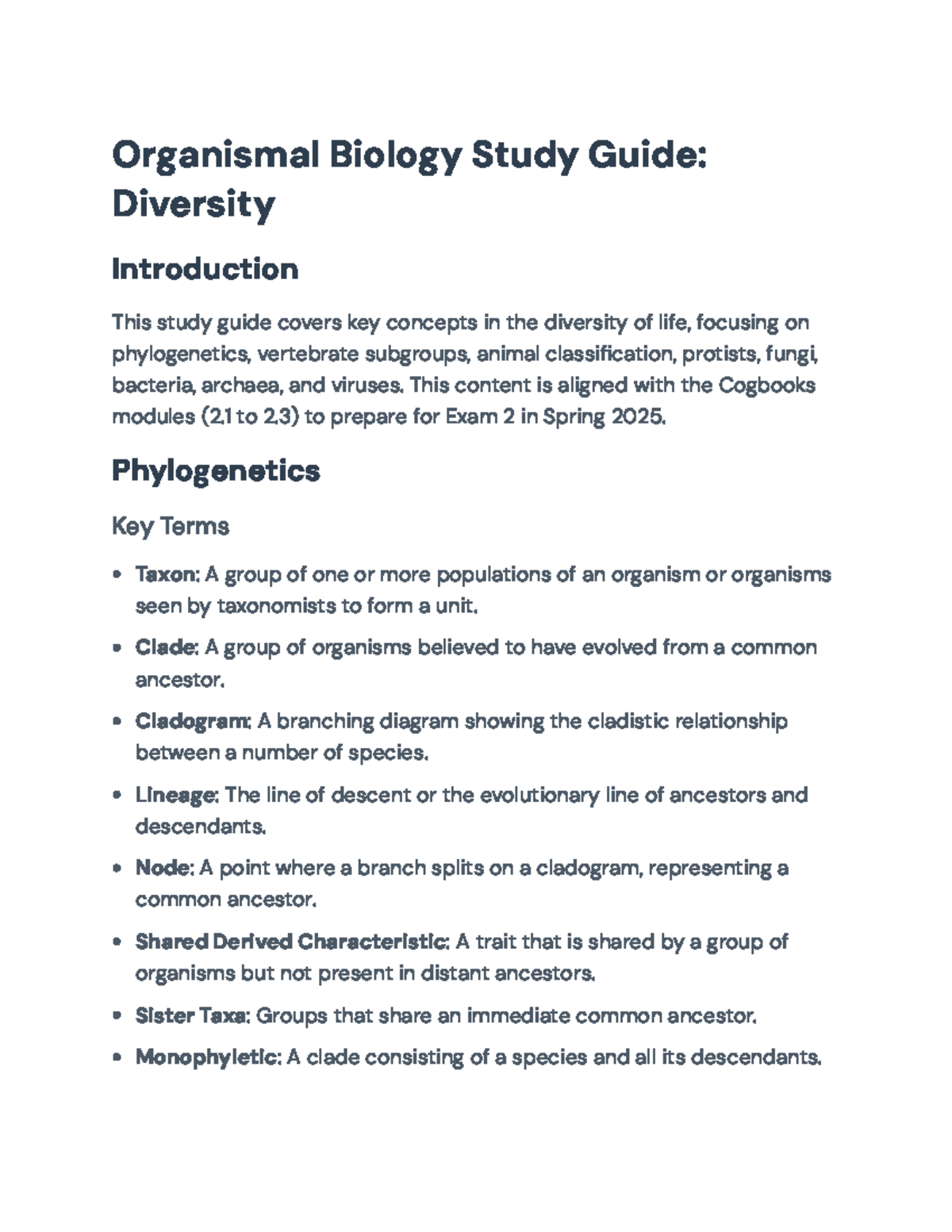 Organismal Biology Study Guide: Diversity & Phylogenetics for Exam 2 ...
