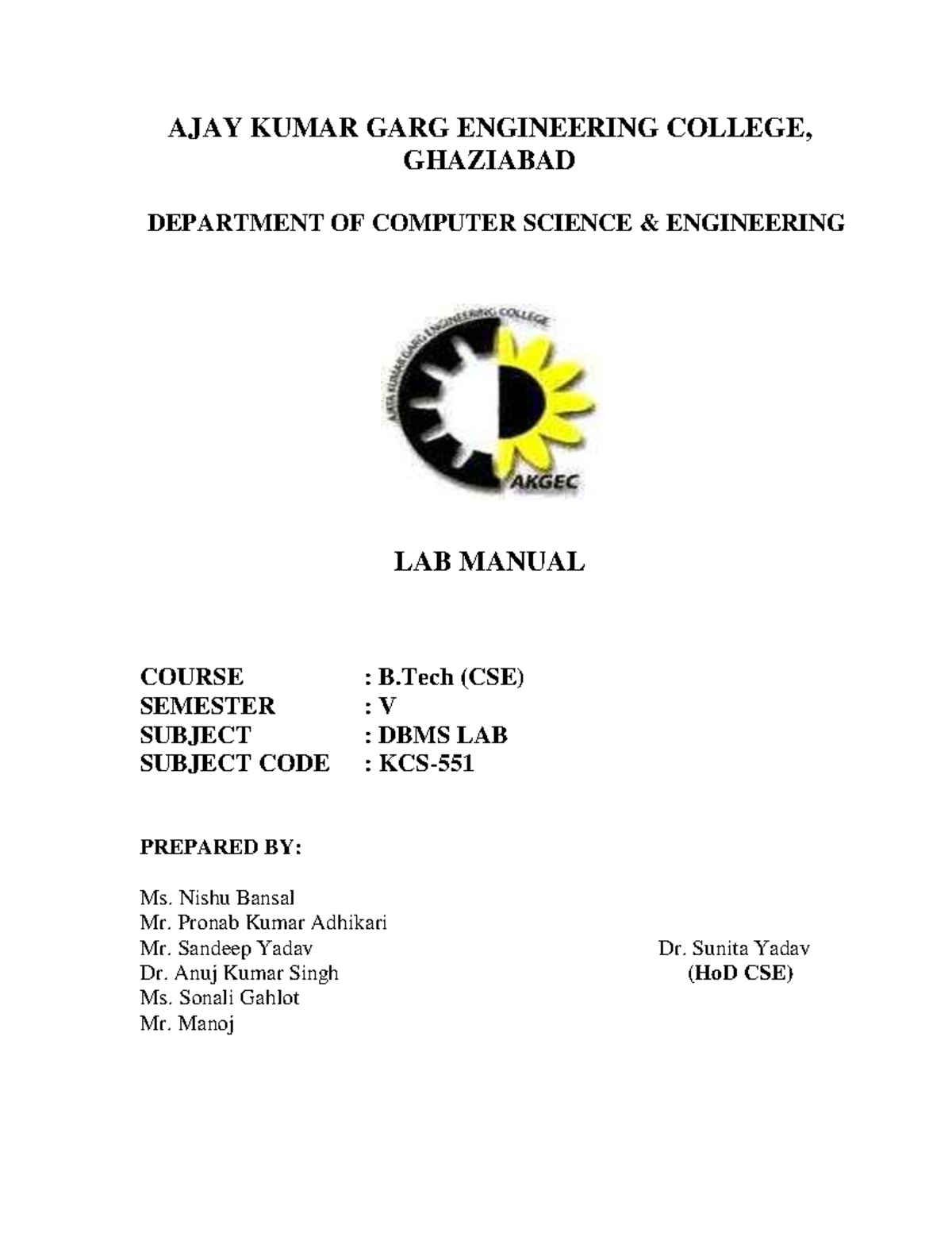 Kcs 551 Dbms Lab Manual Comprehensive Guide To Experiments And