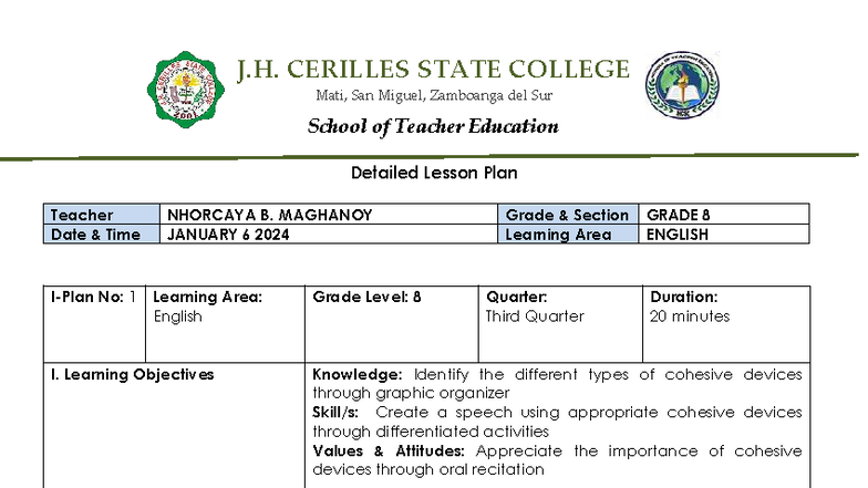 Detailed Lesson Plan: Cohesive Devices in Grade 8 English (ENG 8) - Studocu