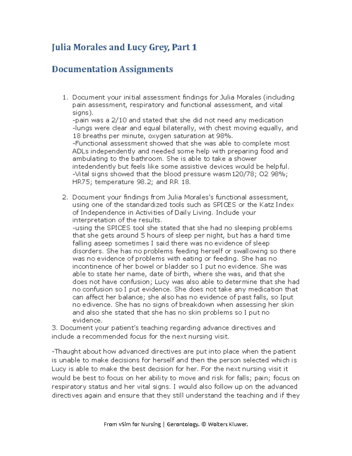 2 - Vsim Practice: Assessment Findings for Julia Morales & Lucy Grey - Studocu