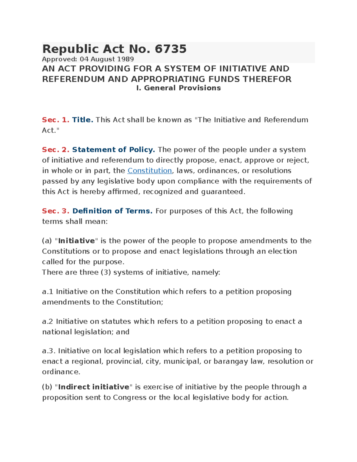 RA 6735 - Initiative and Referendum Act Overview & Provisions - Studocu