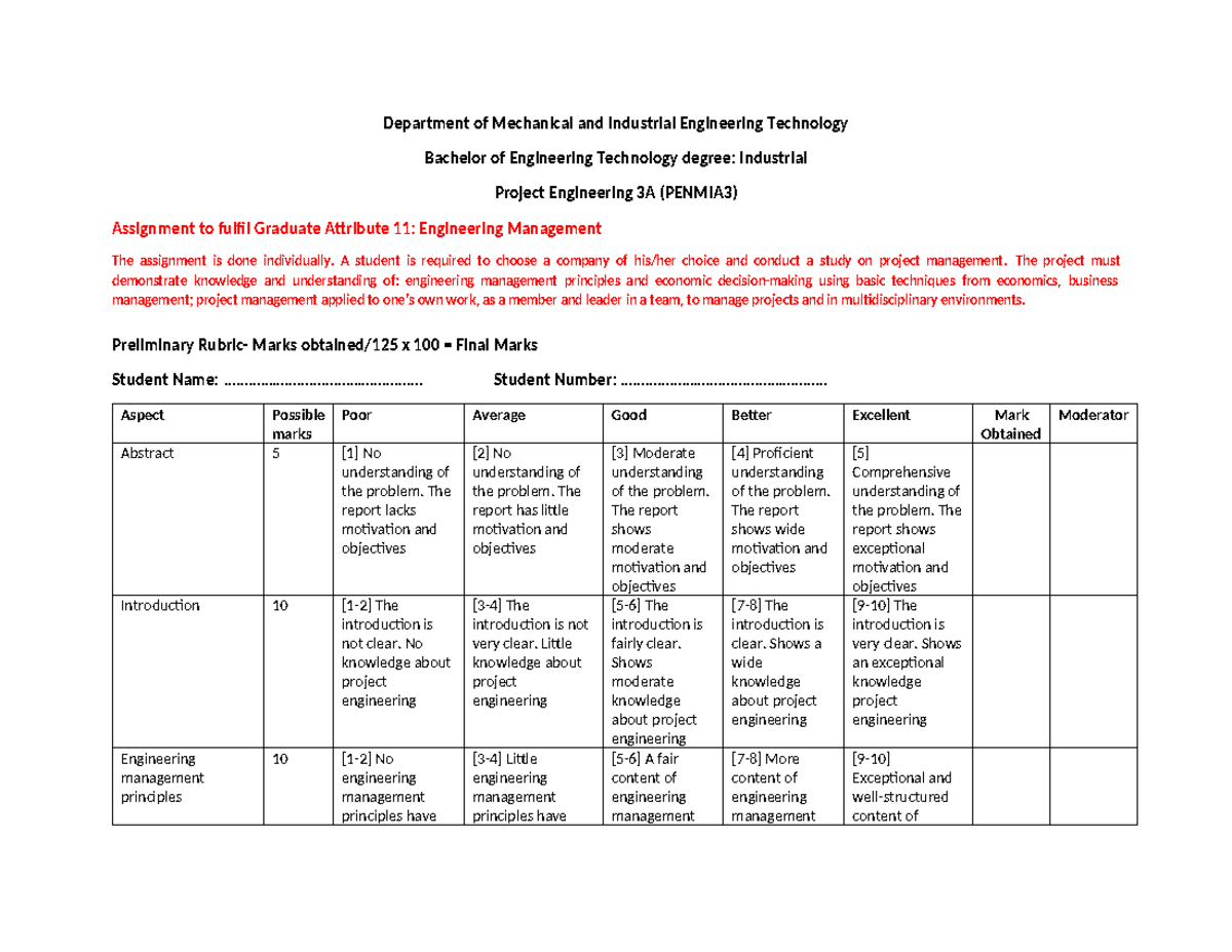 PENMIA3 Assignment Guide: Engineering Management & Rubrics - Studocu