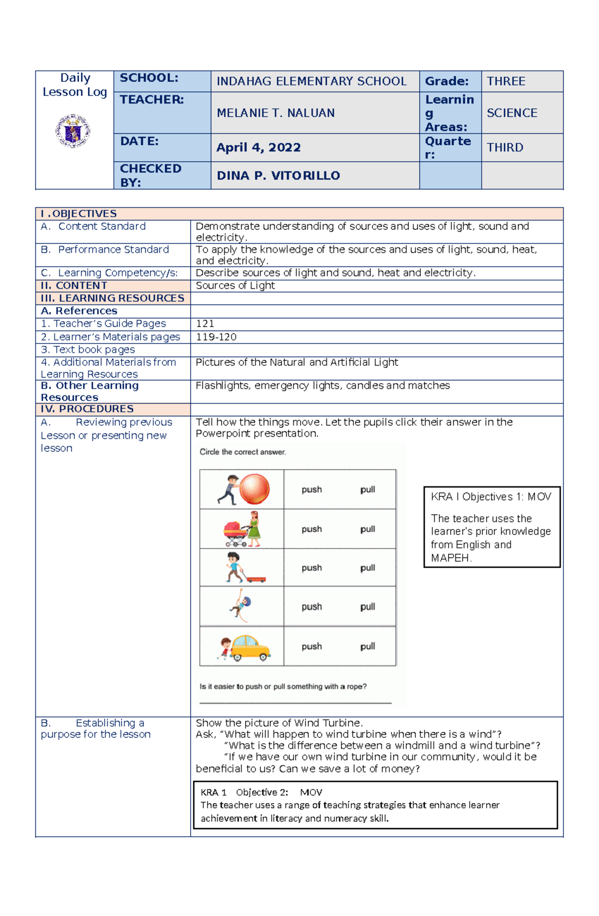 Grade 3 Science Q3 - Daily Lesson Log on Light, Sound, and Electricity ...