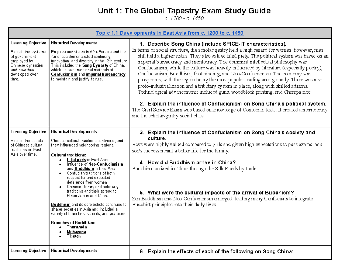 WHAP - Unit 1 Global Tapestry Exam Study Guide (c. 1200-1450) - Studocu