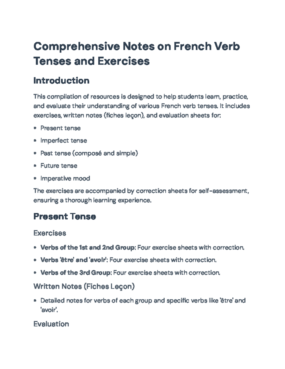 French Verb Tenses: Notes, Exercises & Evaluation Guide (FR101) - Studocu