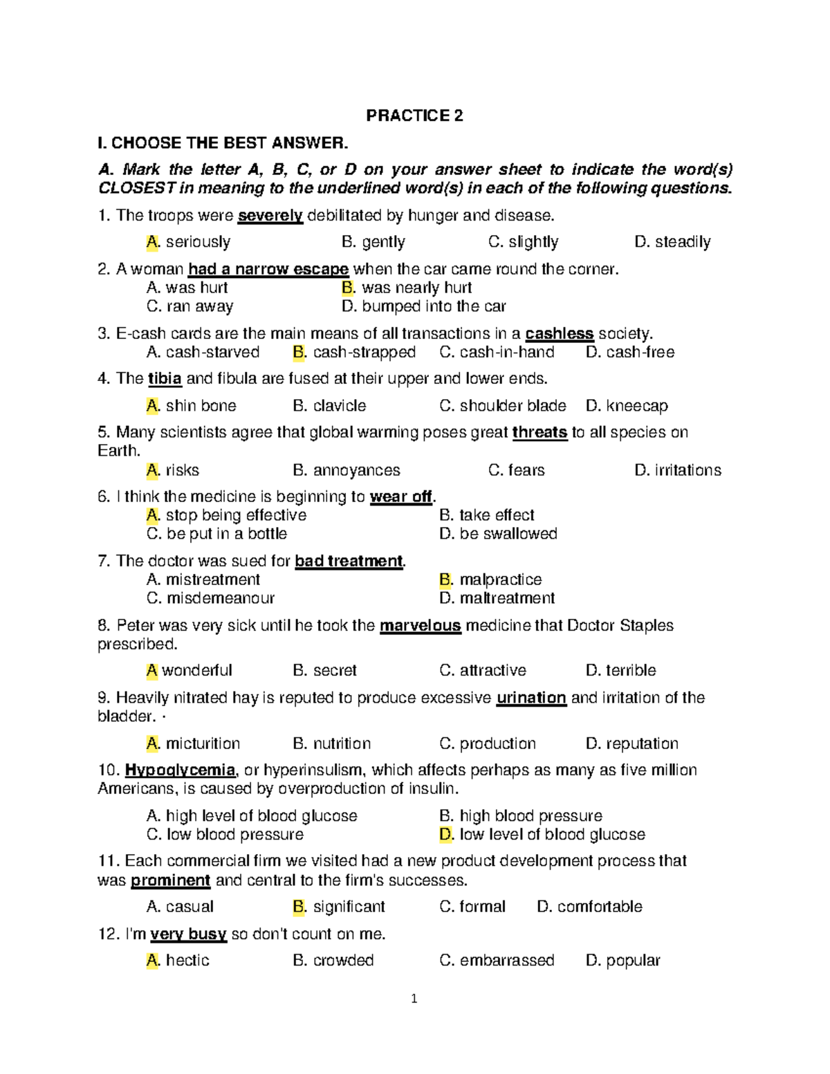 Practice 2: Best Answer Selection for Vocabulary and Grammar - Studocu