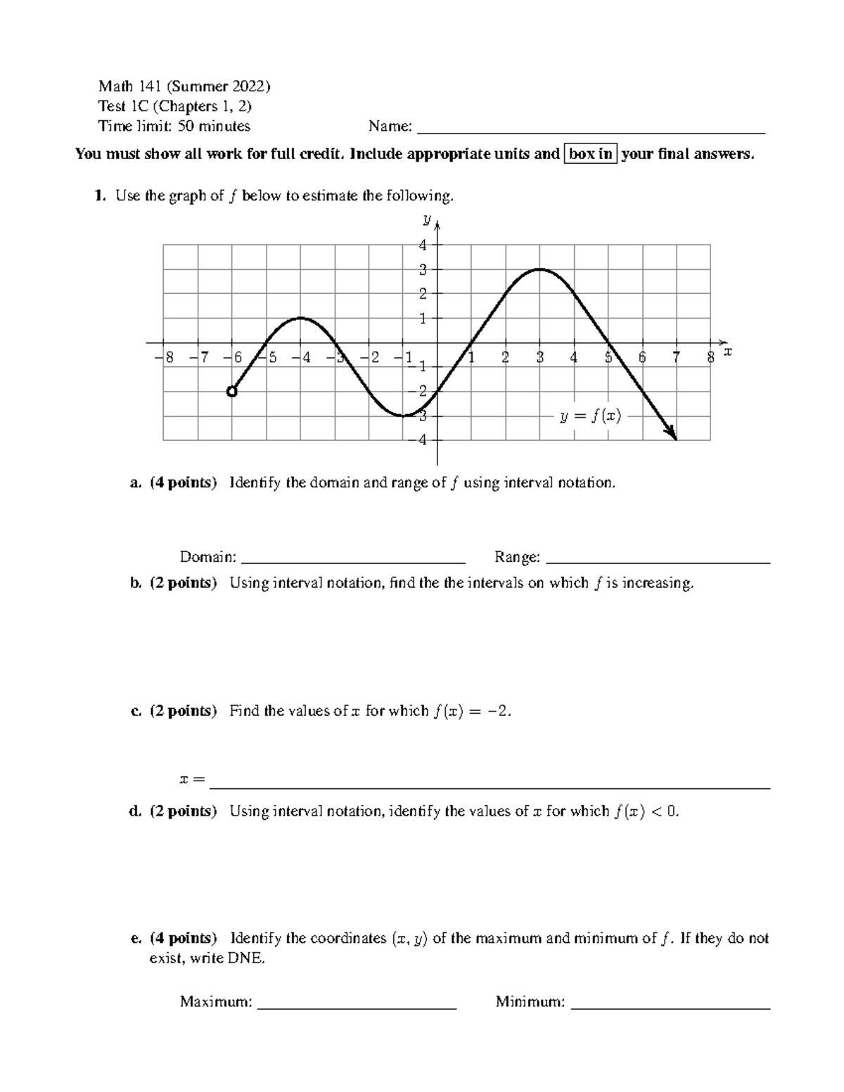 Math141 Test1 Test 1 Math 141 Summer 2022 Test 1c Chapters 1 2