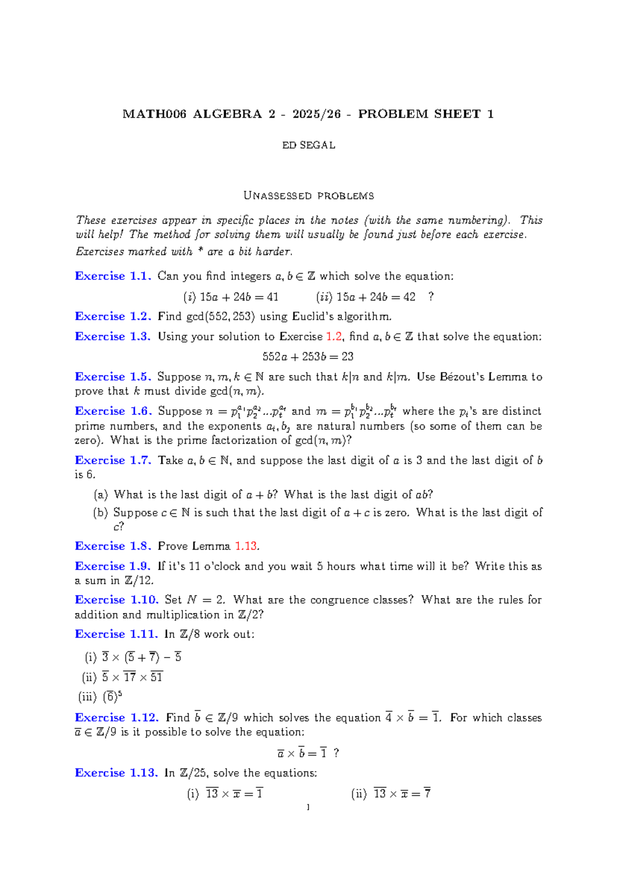 MATH006 Algebra 2 Problem Sheet 1 - Exercises and Solutions - Studocu