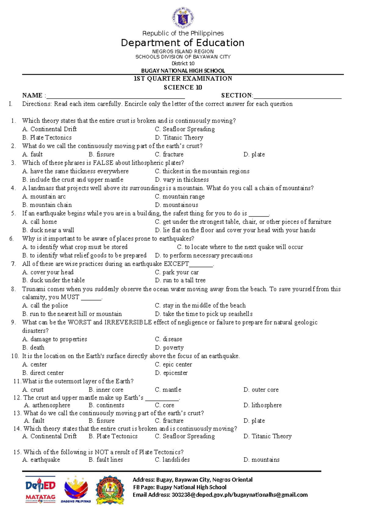 Science 10 1st Quarter Exam Review Notes - Studocu