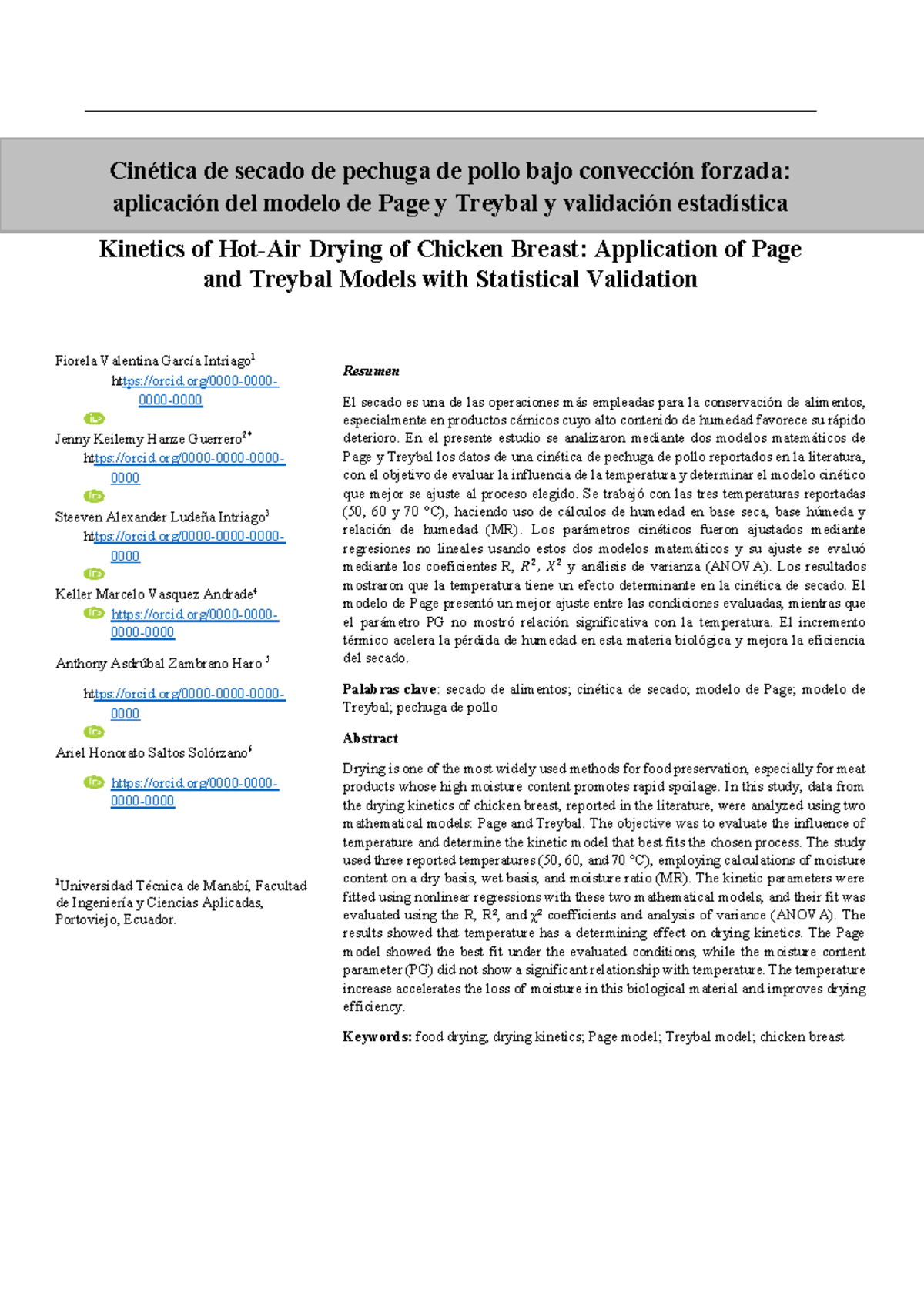 Cinética de Secado de Pechuga de Pollo: Modelos de Page y Treybal - Studocu