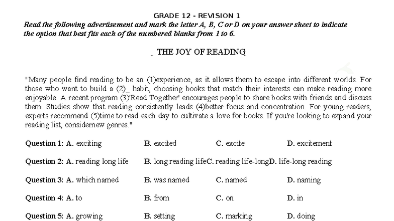 GRADE 12 REVISION 1: Reading Comprehension Practice Questions - Studocu