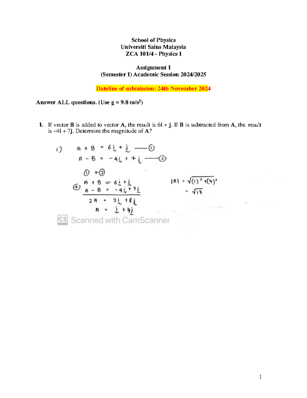 ZCA101 Physics I Assignment 1 - Semester I Academic Session 2024/2025 ...