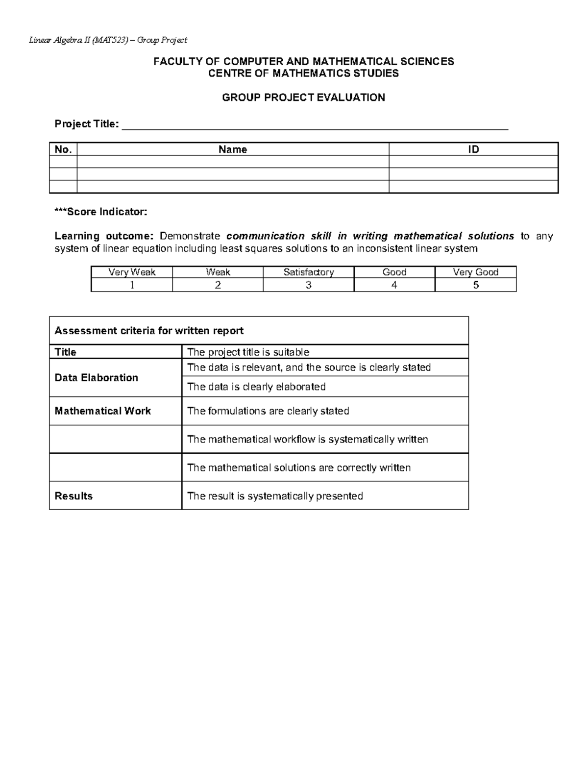 MAT523 Group Project Evaluation Rubric for Linear Algebra II - Studocu
