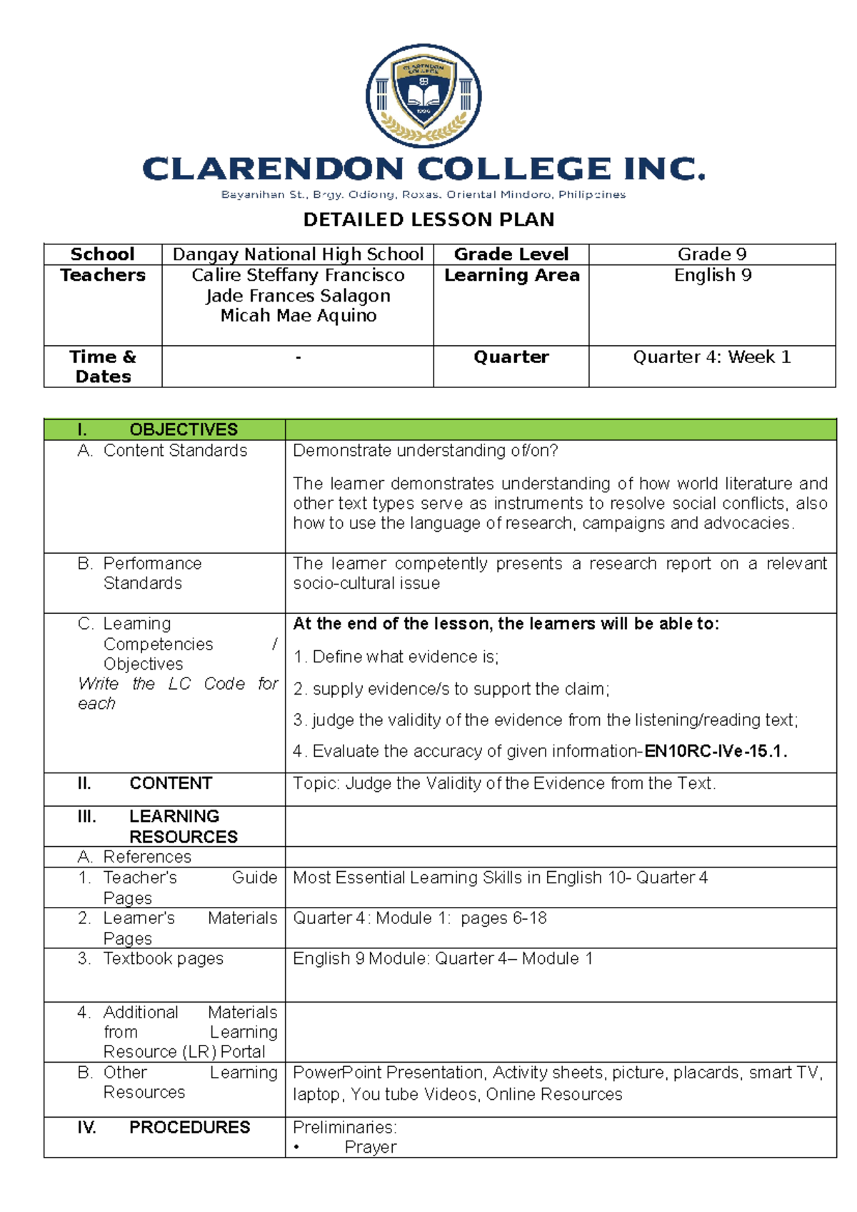 English 9 Lesson Plan: Evaluating Evidence and Claims in Literature ...
