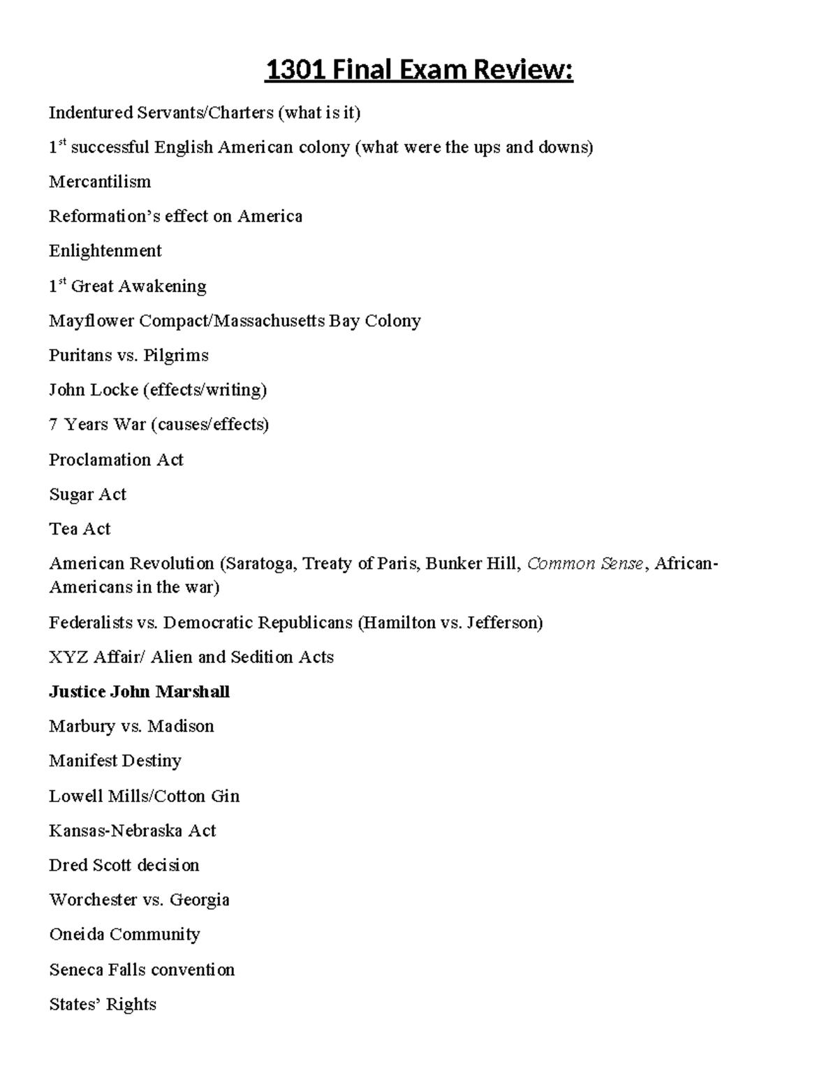 U.S. History 1301 Final Exam Review: Key Events & Concepts - Studocu