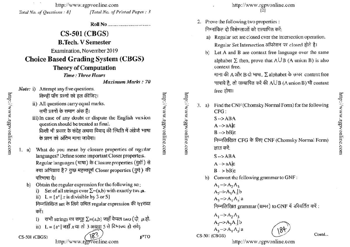 TOC Previous ques - CS-501-CBGS PTO [2] 2. a) State Pumping Lemma and show that L { 1 } = a bi i ...