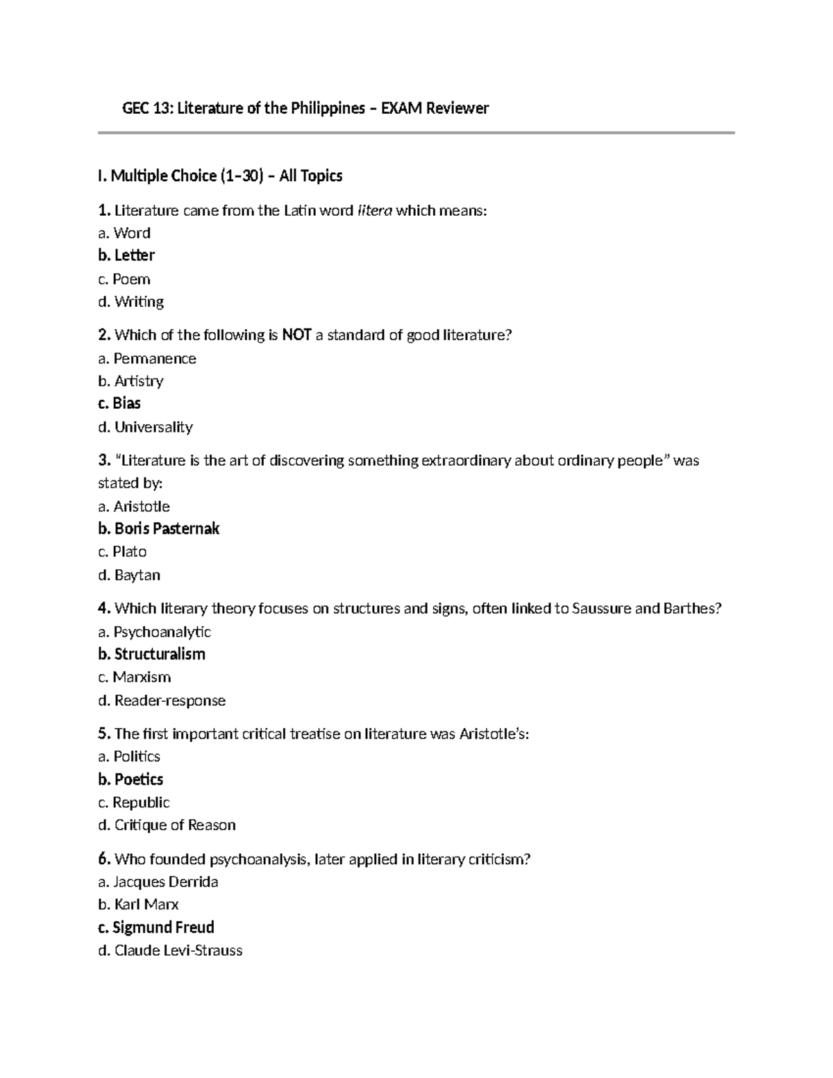 GEC 13: Philippine Literature Exam Reviewer - All Topics - Studocu